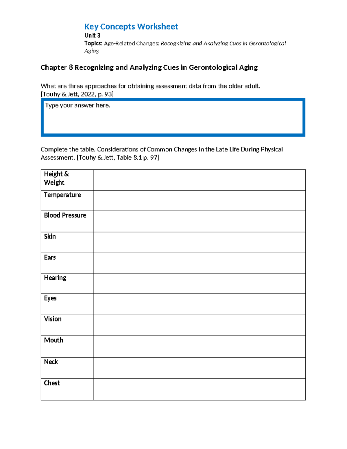 Key Concepts Worksheet: Unit 3 - Analyzing Cues in Gerontological Aging ...