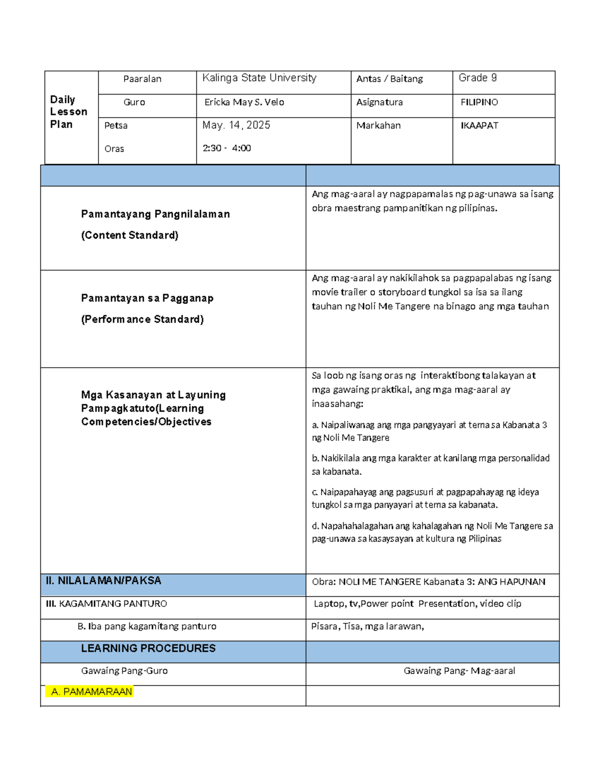 Daily Lesson Plan: FILIPINO Grade 9 - Noli Me Tangere Kabanata 3 - Studocu