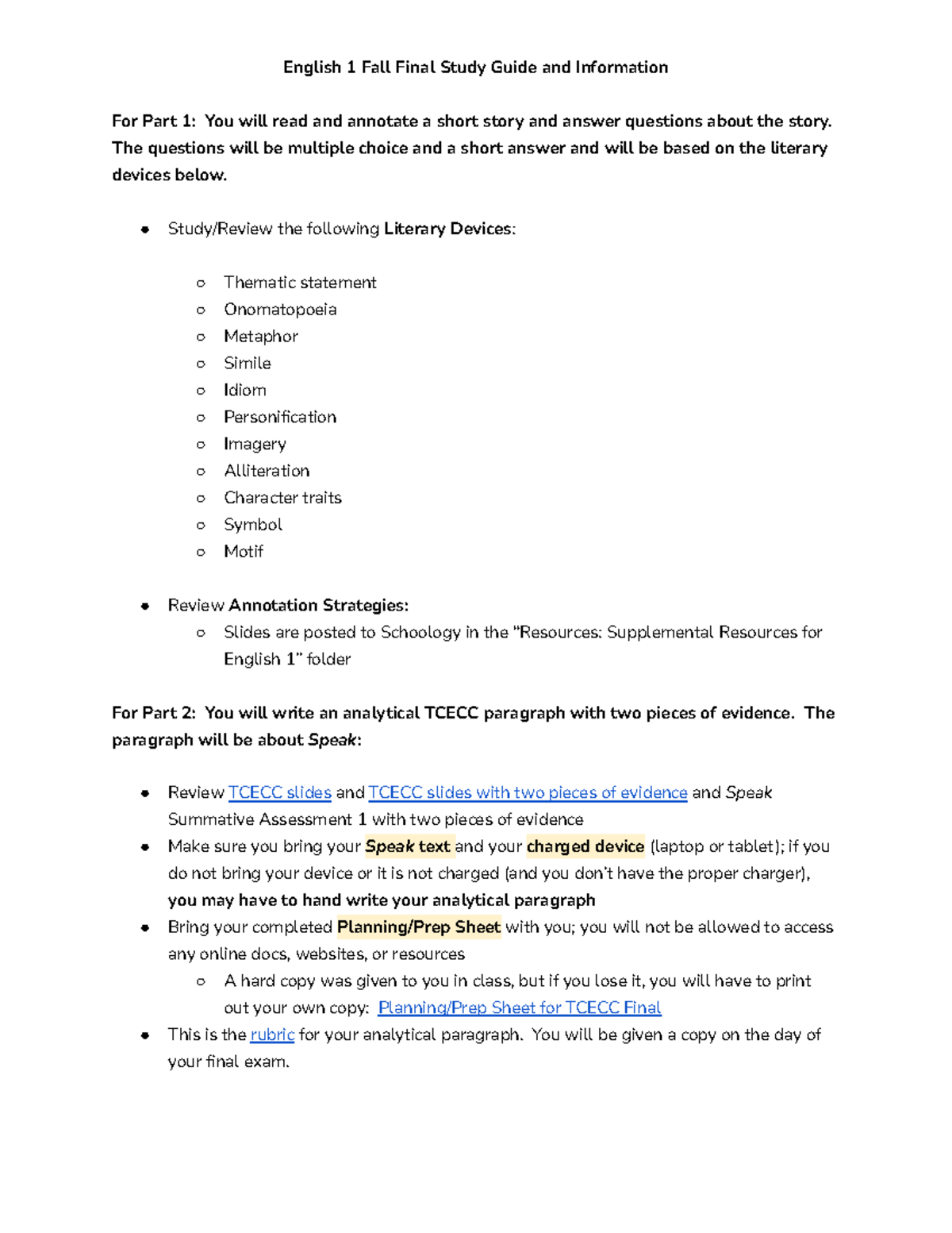 English 1 Fall Final Study Guide - Studocu