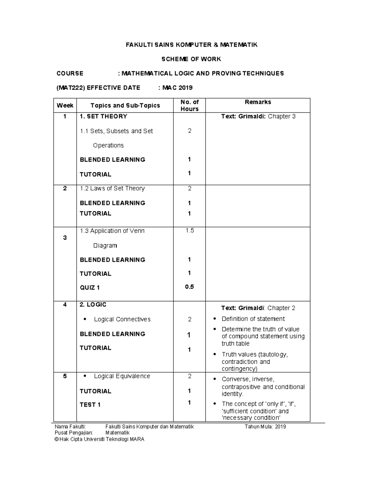 MAT222 Scheme of Work: Mathematical Logic & Proving Techniques - Studocu