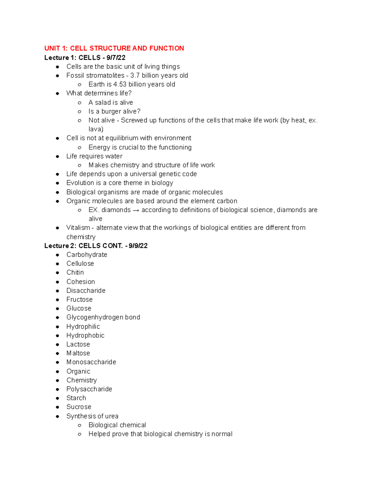 Notes 1 - UNIT 1: CELL STRUCTURE AND FUNCTION Lecture 1: CELLS - 9/7 ...