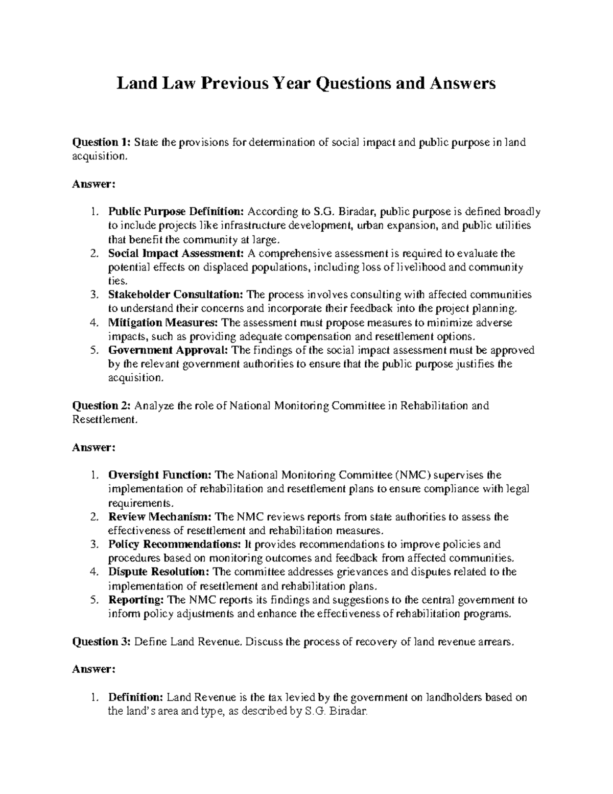 Land Law PYQ & Answers: Key Insights and Legal Frameworks - Studocu