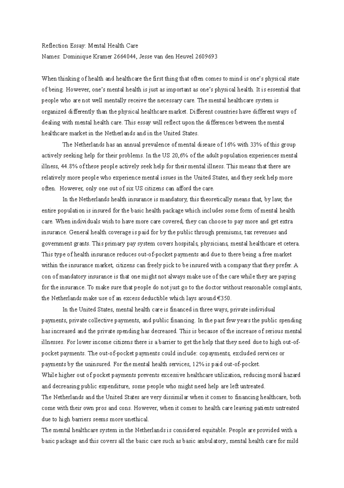 Reflection Essay on Mental Health Care: NL vs US Systems - Studeersnel