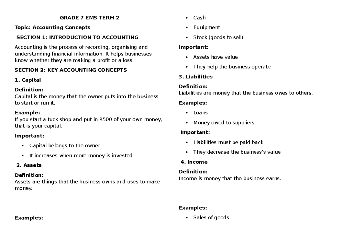 GRADE 7 EMS TERM 2: Accounting Concepts Overview and Activities - Studocu