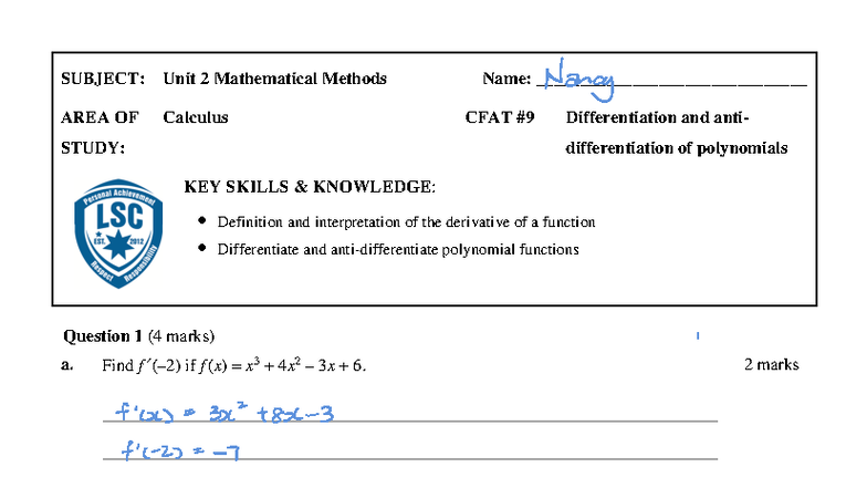 CFAT09 Unit 2 Calculus: Differentiation & Antidifferentiation Study ...