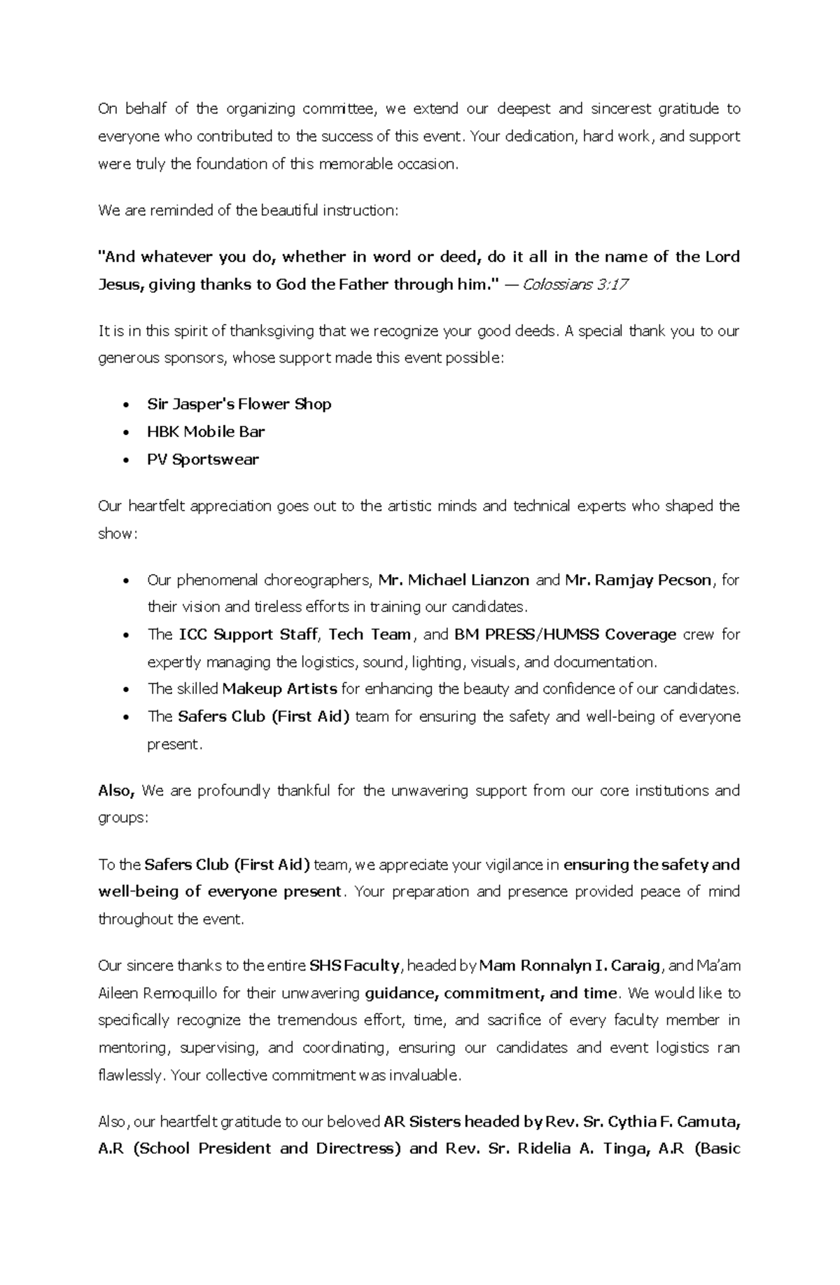 Acknowledgement of Contributions - NAAAAA Event Success - Studocu