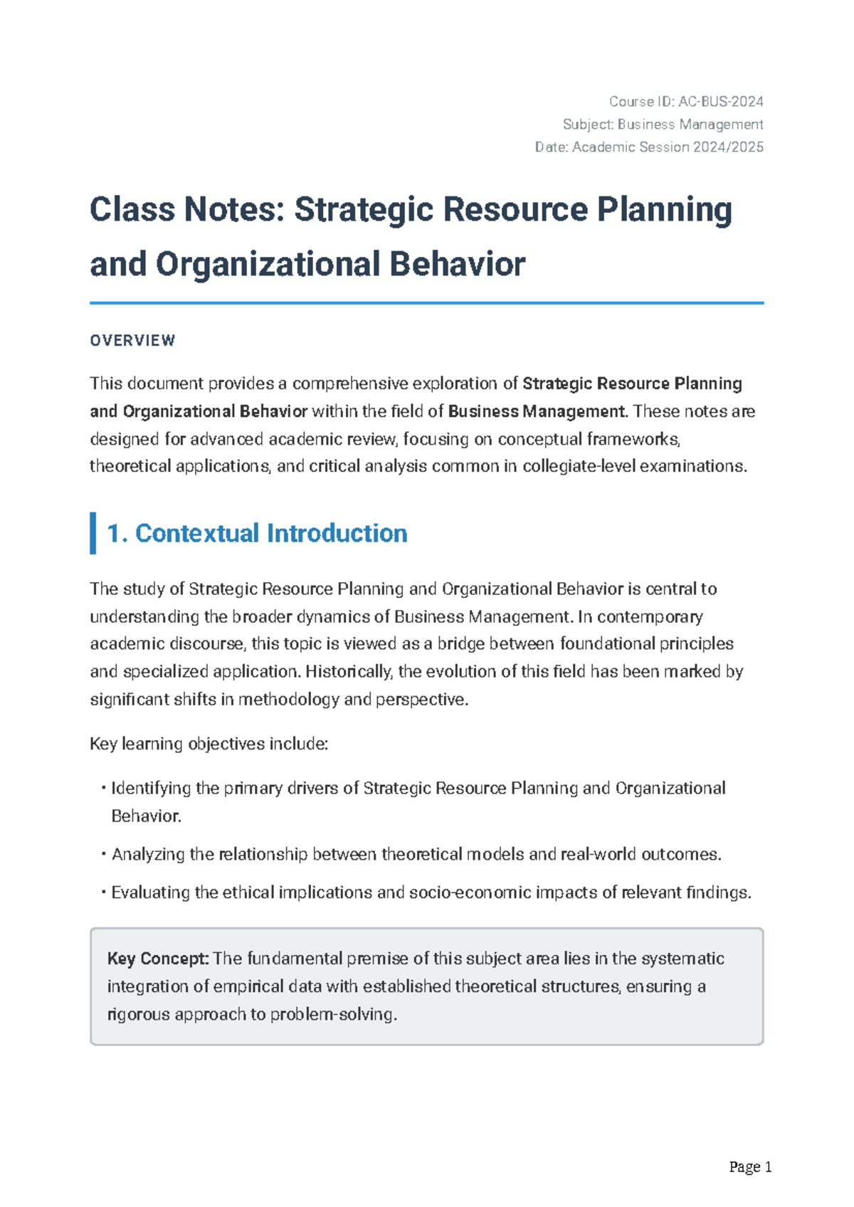 Business Management Class Notes: Strategic Resource Planning & Org ...