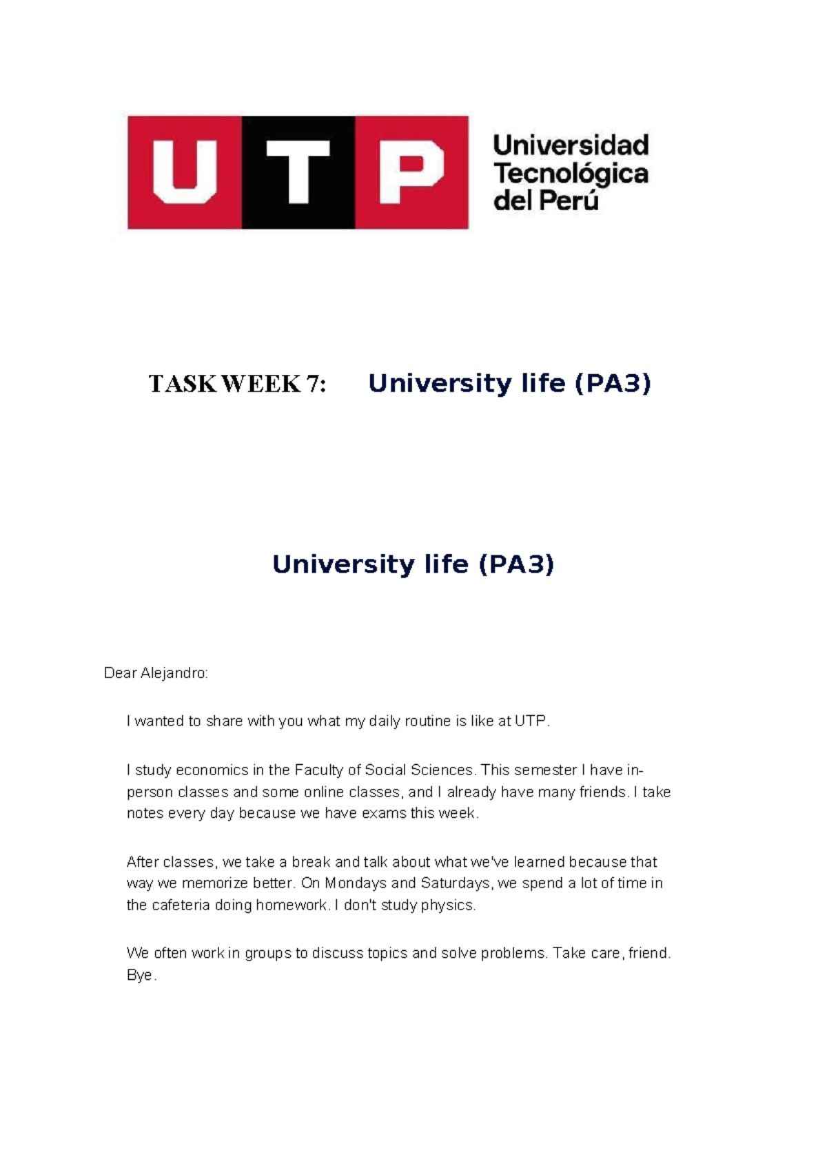 TASK WEEK 7: Daily Routine at UTP (PA3) - Studocu