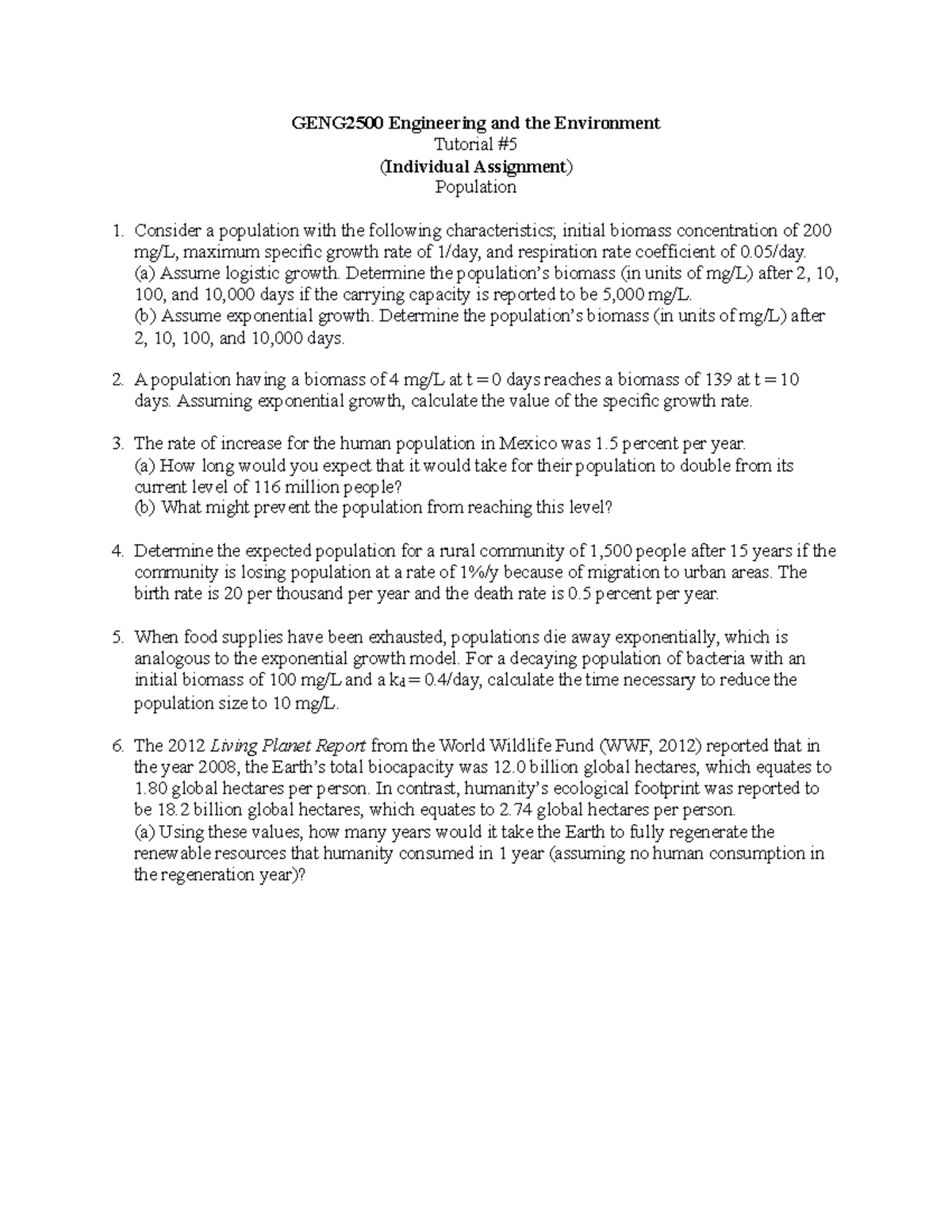 GENG2500 Tutorial 5 - Population Dynamics and Growth Models Study Guide - Studocu