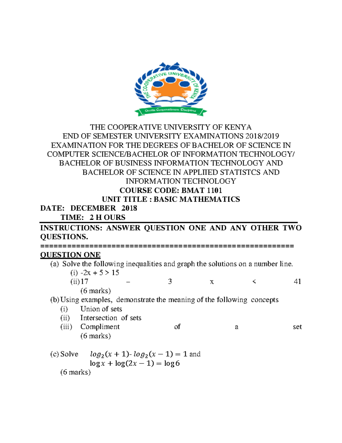 BMAT 1101 End of Semester Exam: Basic Mathematics December 2018 - Studocu