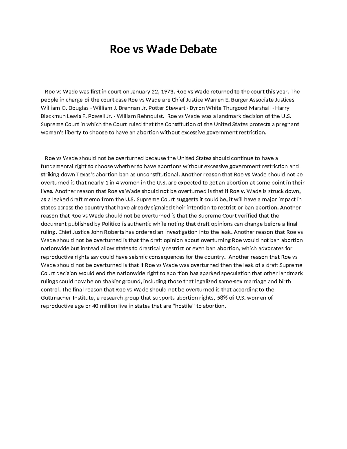 Roe vs Wade Debate - World studies assignments] - Roe vs Wade Debate ...