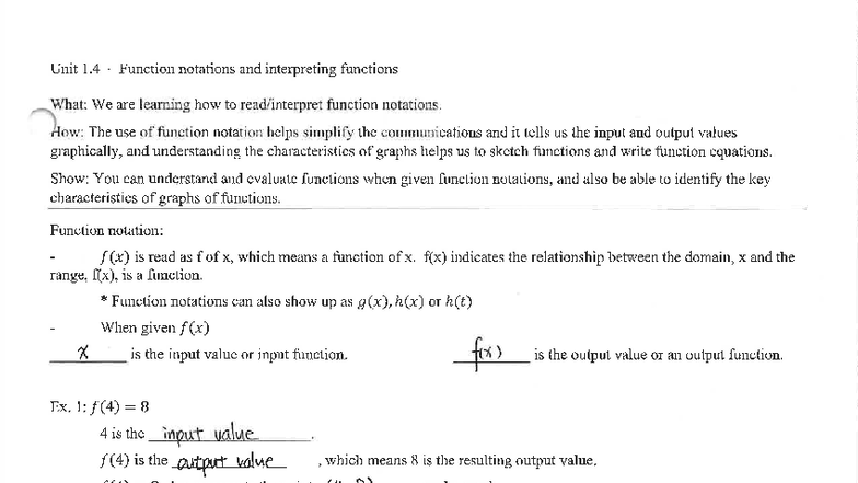 Unit 1.4 - Function Notations & Graph Interpretation Notes - Studocu