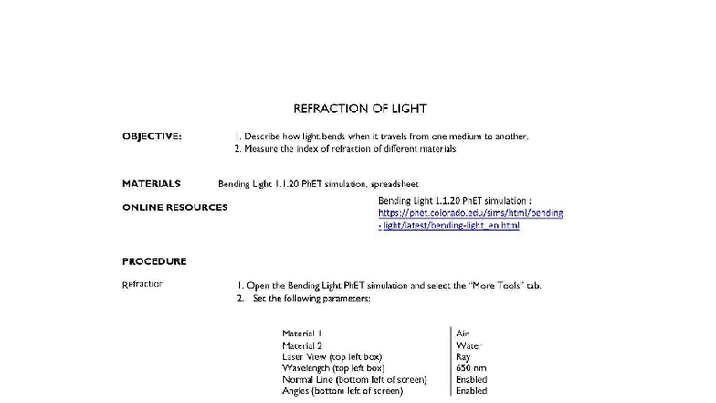 Refraction of Light: Bending Light Simulation Guide - Studocu