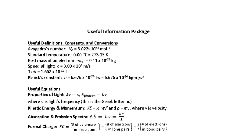 Useful Information Package for Exam F25: Definitions & Equations - Studocu