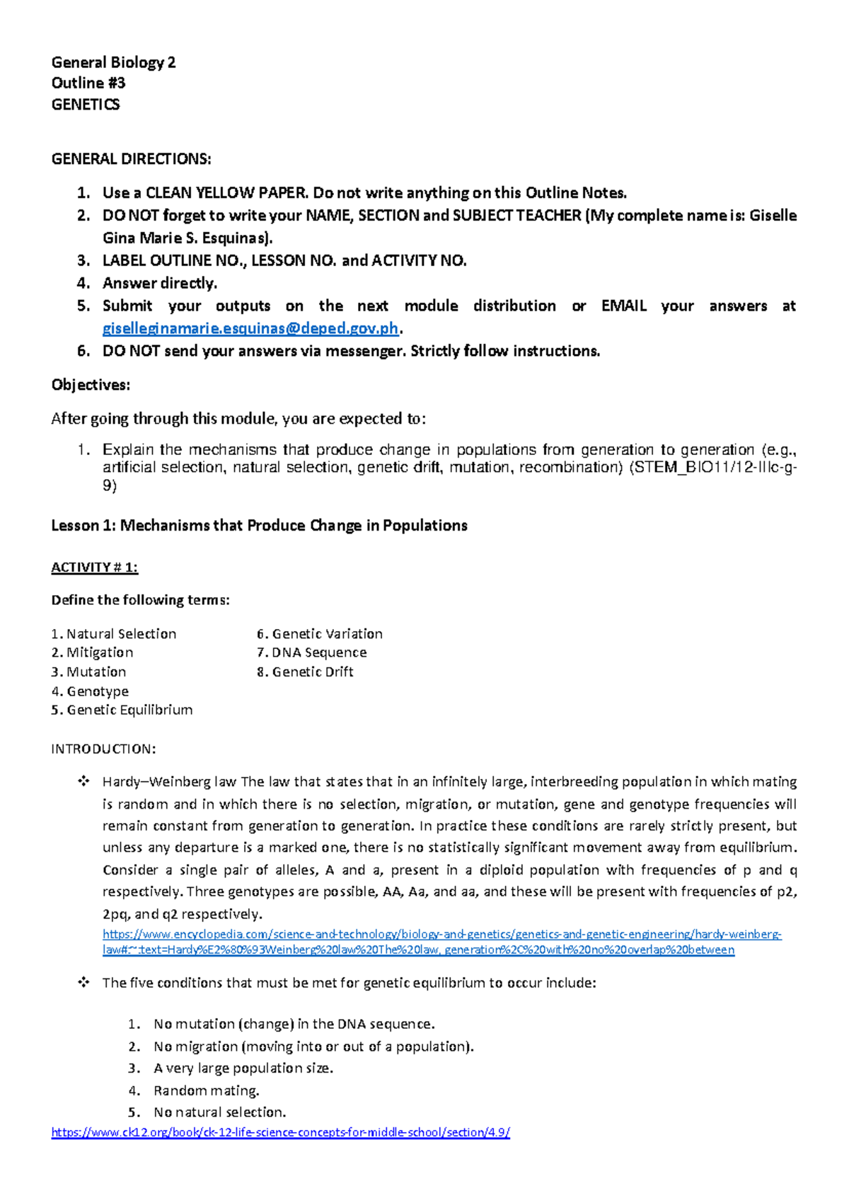 Gen Bio 2 Modules Outline 3 for grade 12 - General Biology 2 Outline ...