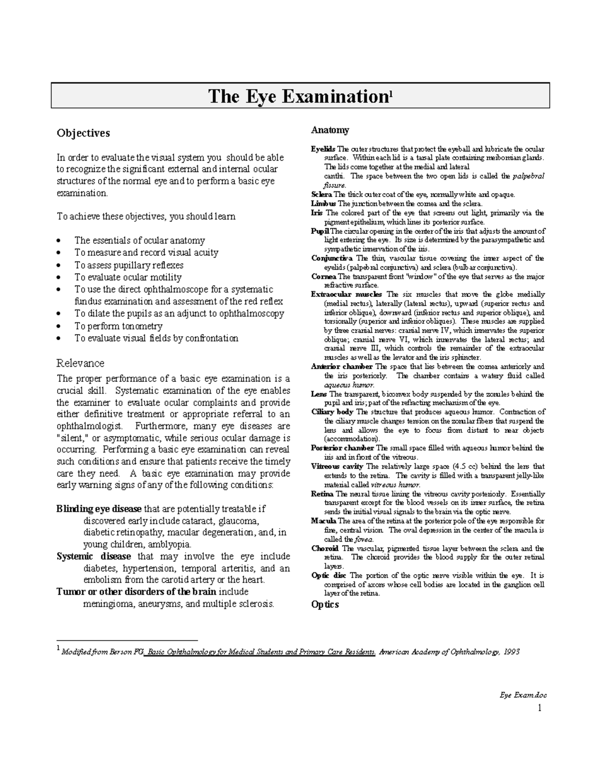 Basic Eye Exam (Course Code: Ocular Anatomy) - Key Objectives ...