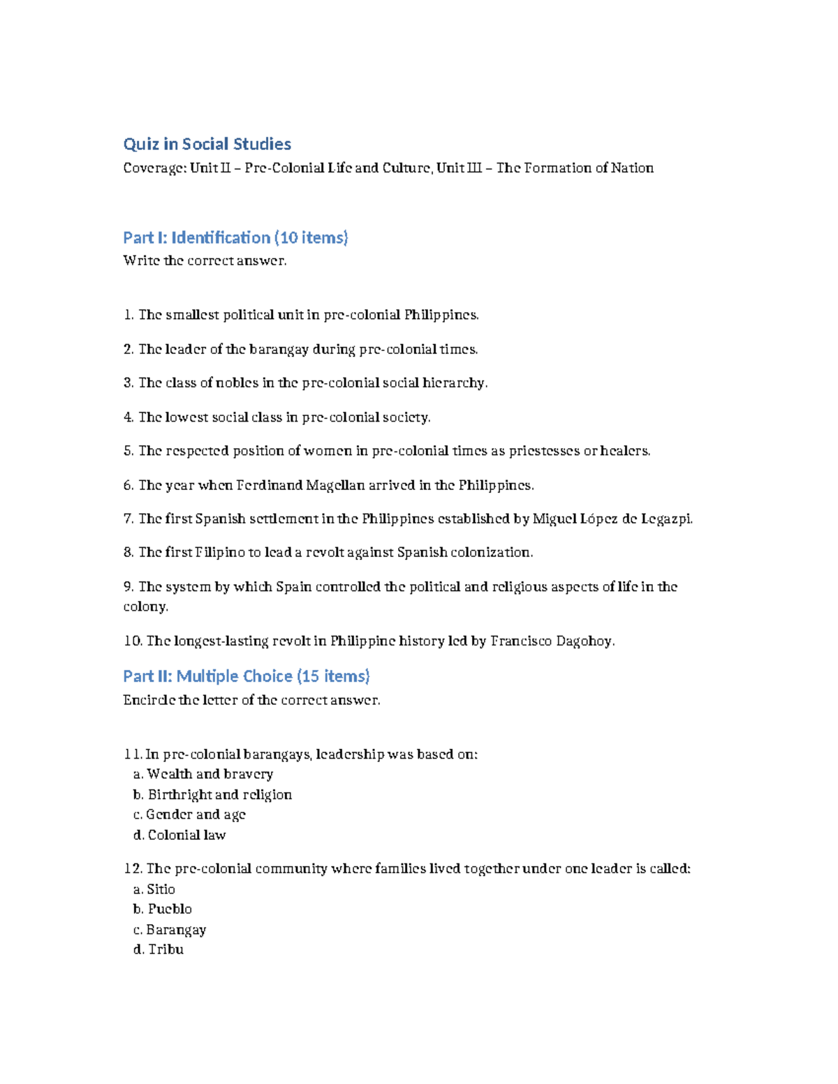 Social Studies Quiz: Unit II Life and Culture Coverage - Studocu