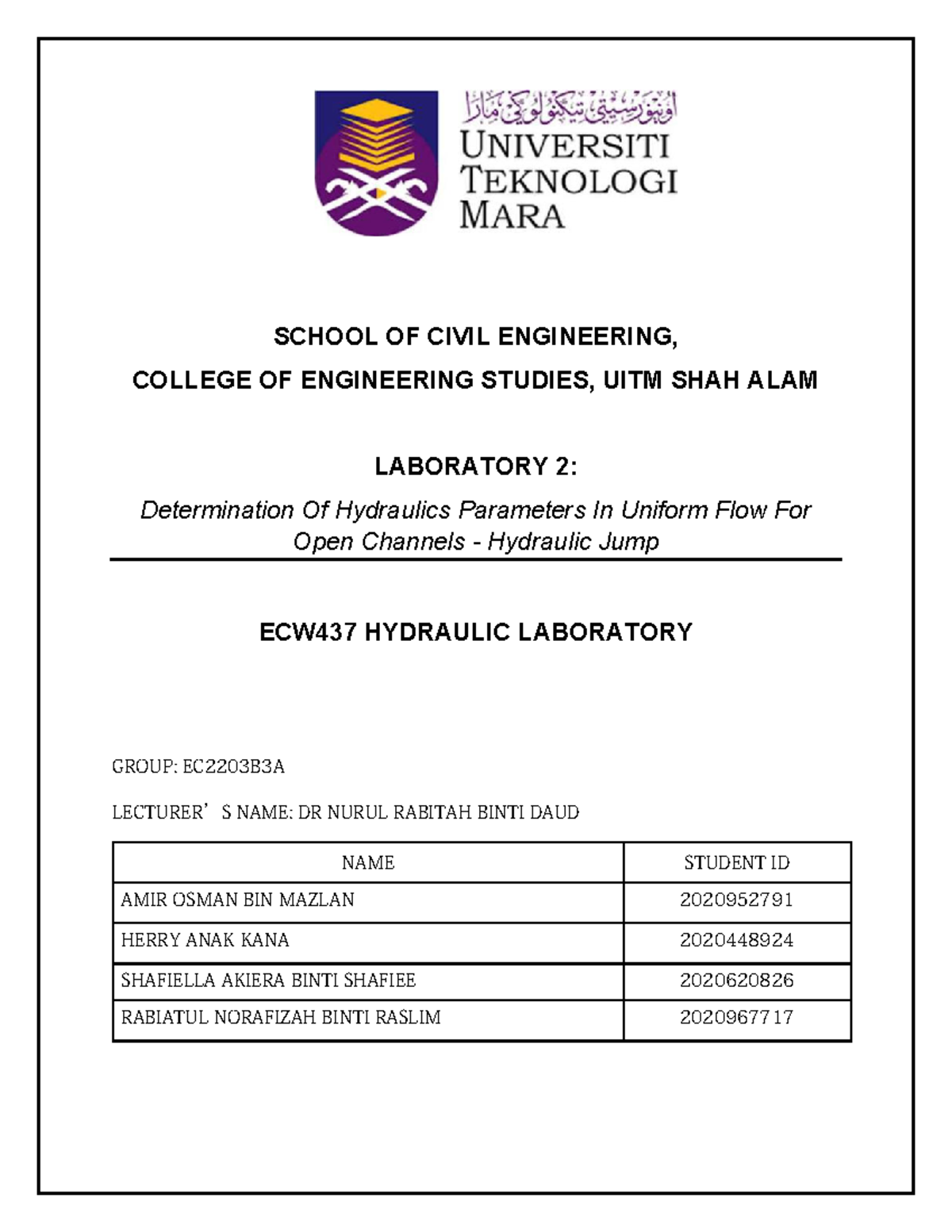 ECW437 Group 3 Lab Report: Hydraulic Jump Analysis in Open Channels ...