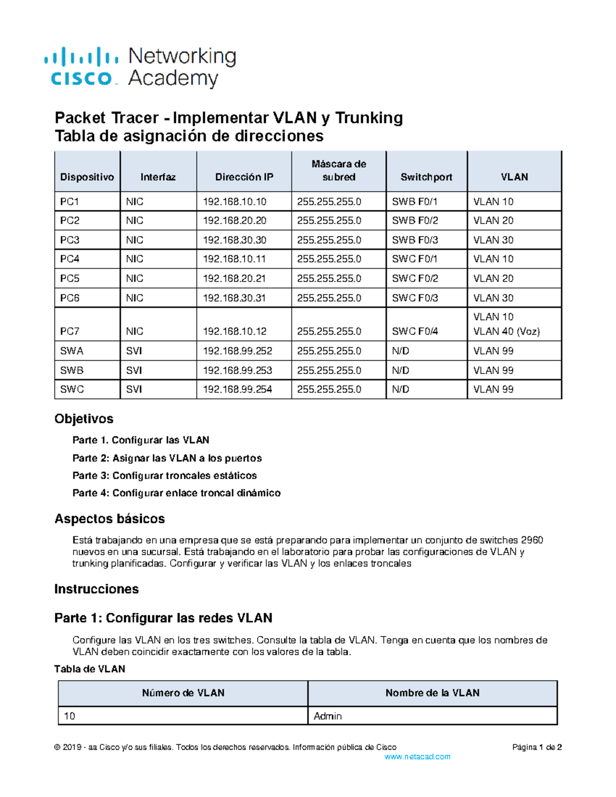 Packet Tracer 6-3-6-1: Implementación de VLAN y Trunking - Studocu