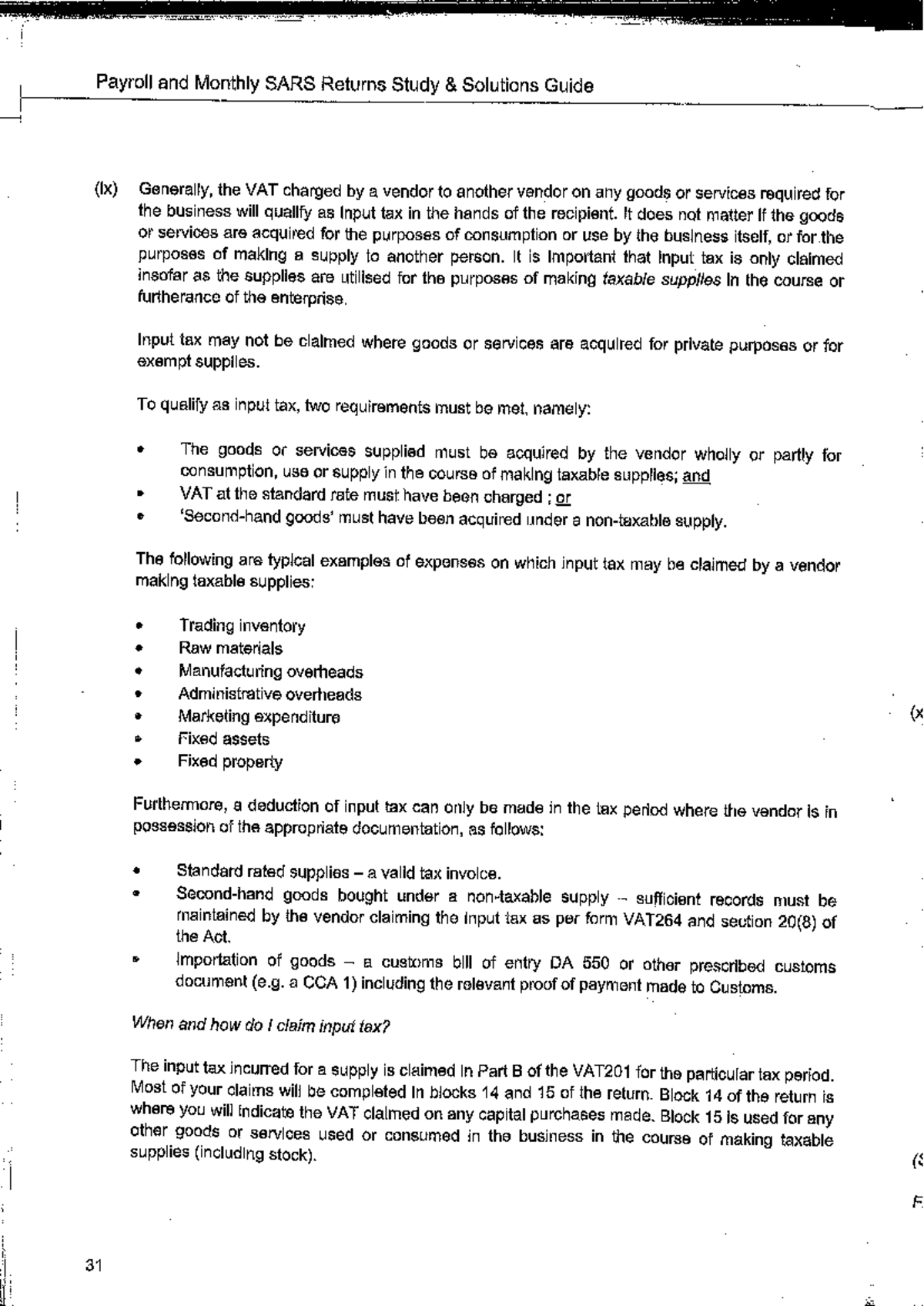 Payroll and Monthly SARS Returns: VAT Input Tax Notes - Studocu