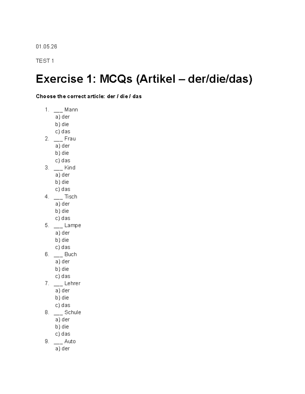 A1 Group - TEST 1: MCQs, Fill in the Blanks & Jumbled Sentences - Studocu