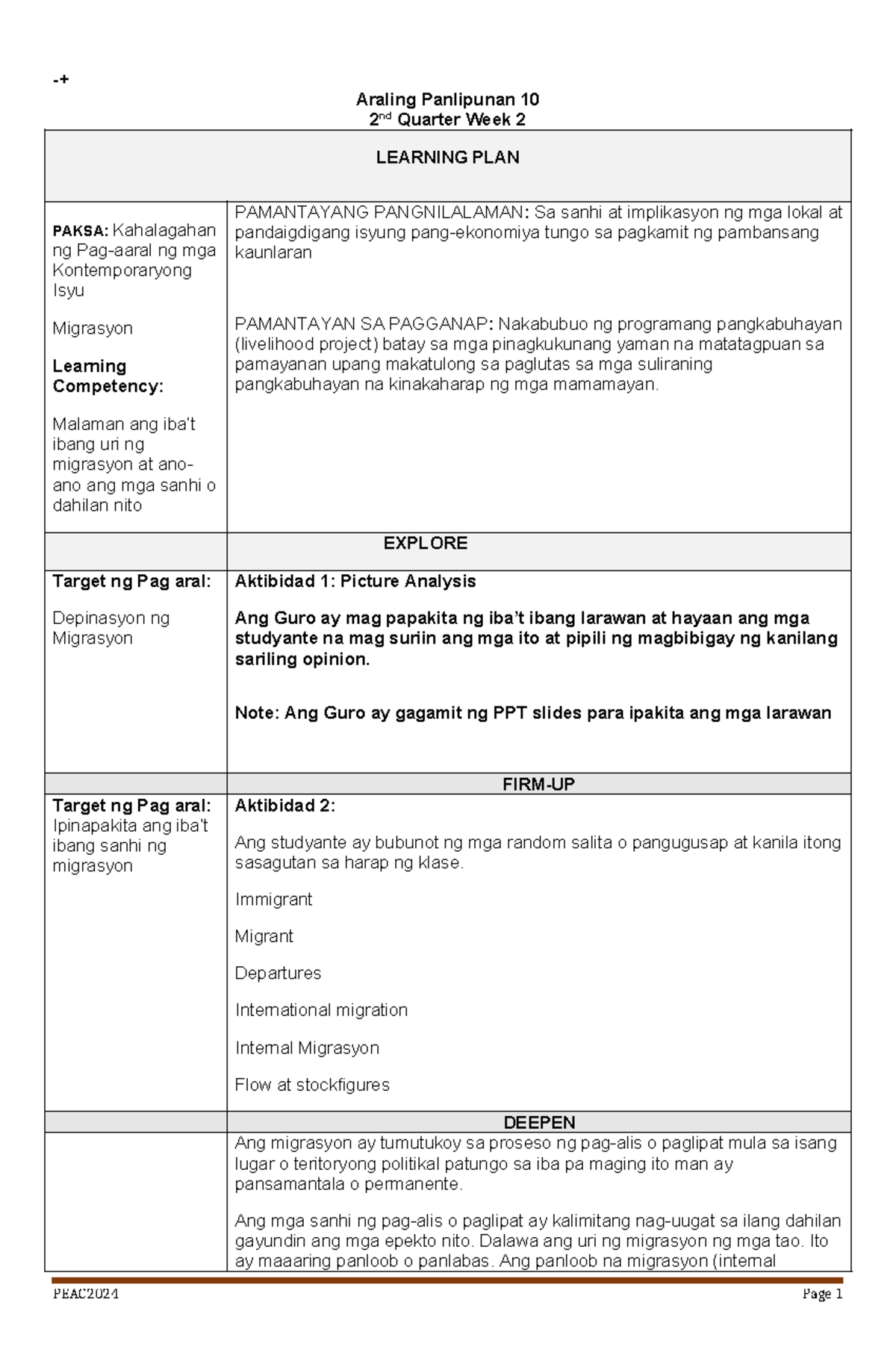 Araling Panlipunan 10 2nd Quarter Week 2 Learning Plan: Kahalagahan ng Migrasyon - Studocu