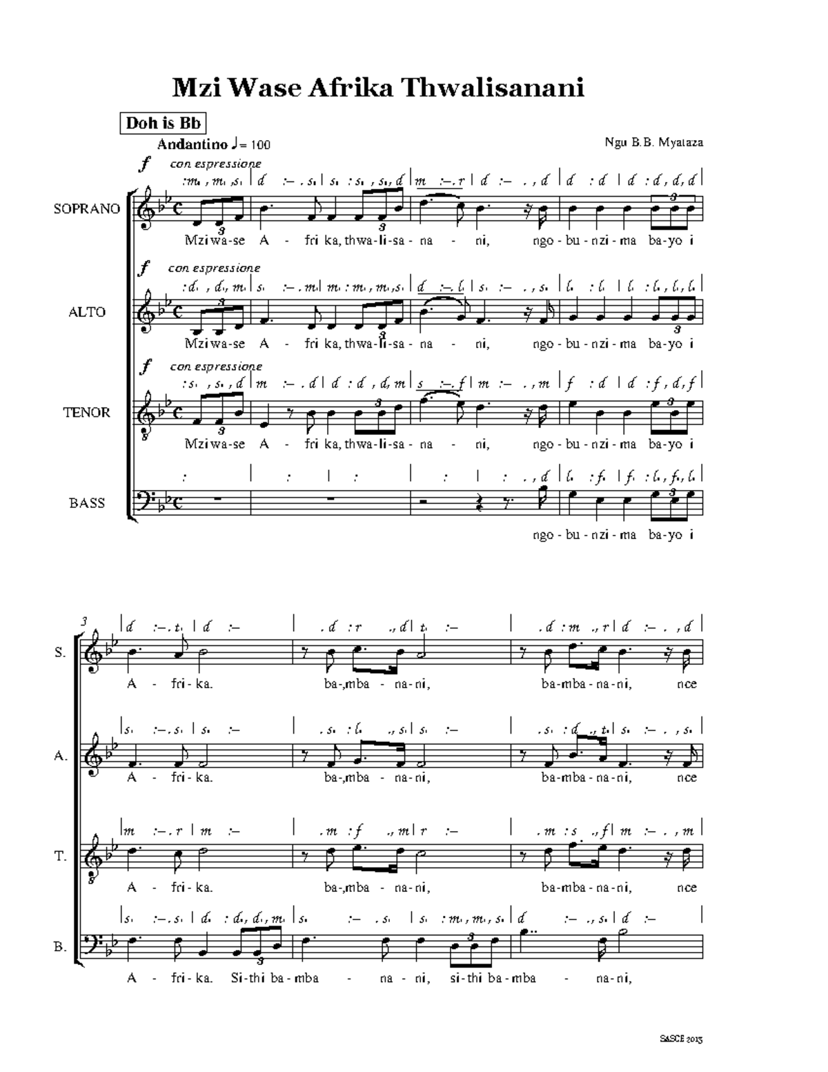 M100 Mzi Wase Afrika Thwalisanani - Music Notation and Analysis - Studocu