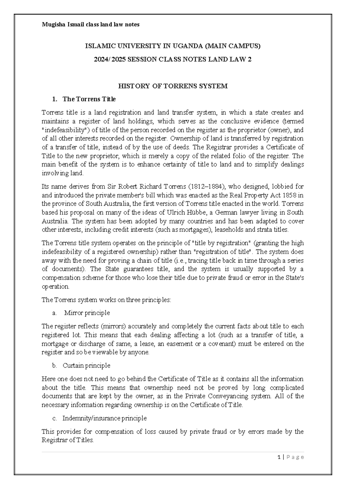 History of the Torrens System in Land Law 2 (2024/2025 Class Notes ...