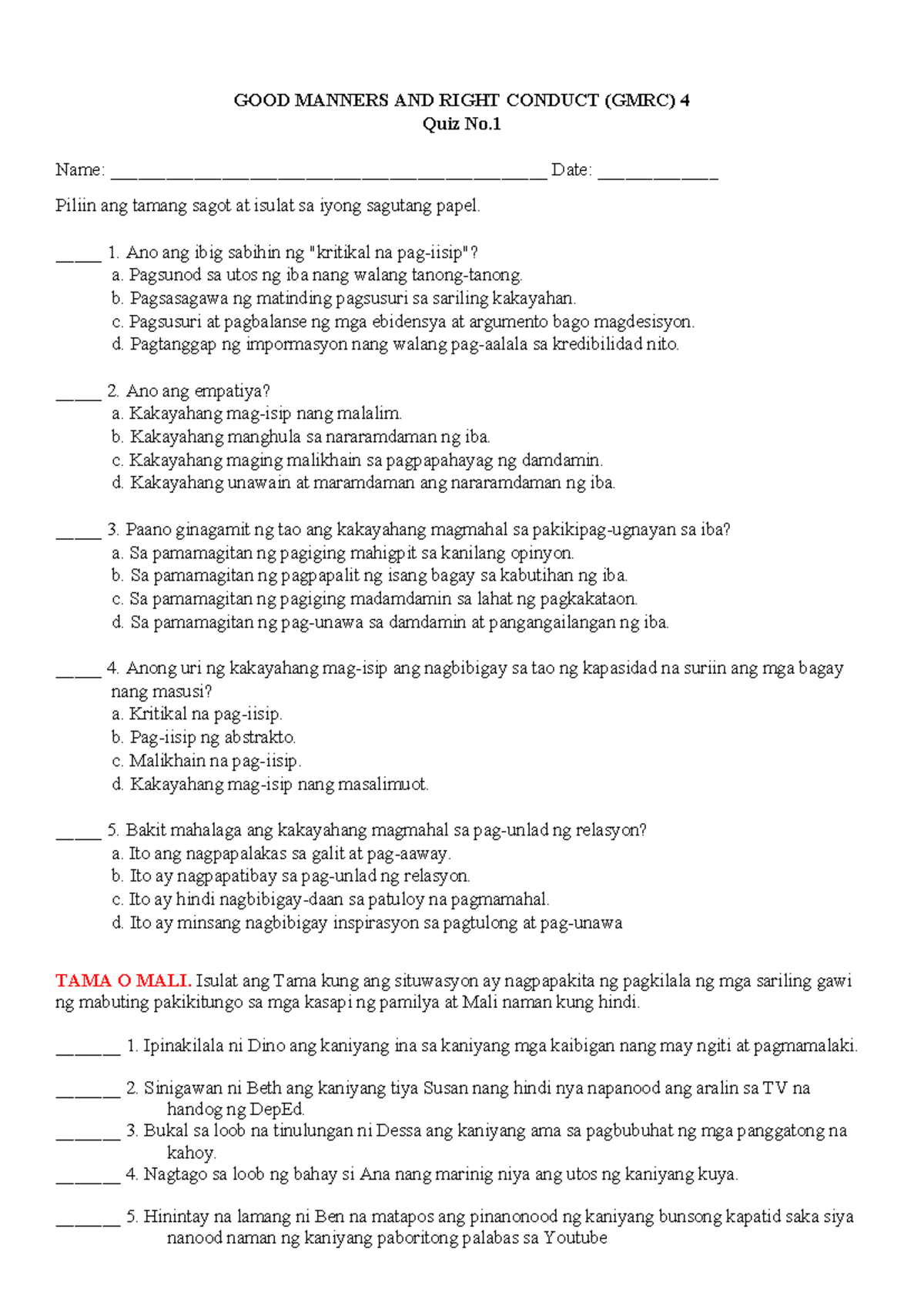 GMRC 4 Quiz No.1: Good Manners and Right Conduct Assessment - Studocu