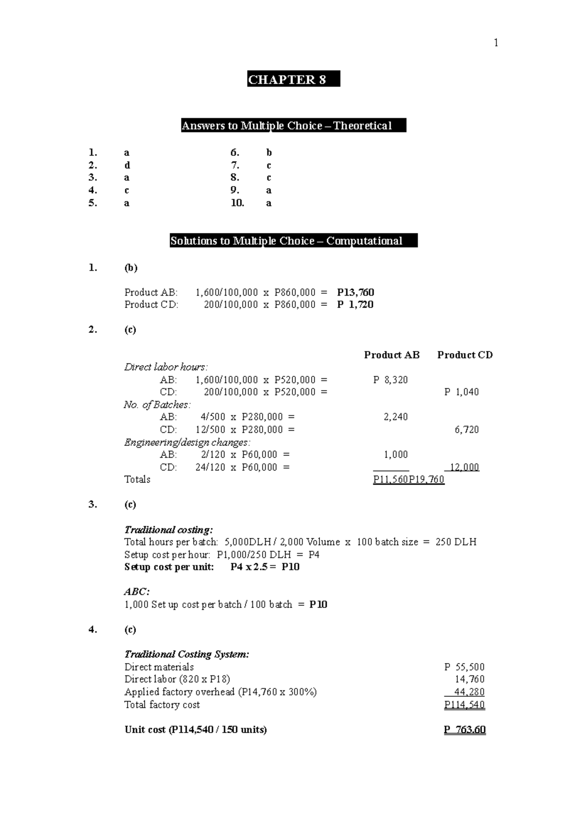 Cost Acc Chapter 8 - CHAPTER 8 Answers to Multiple Choice – Theoretical ...