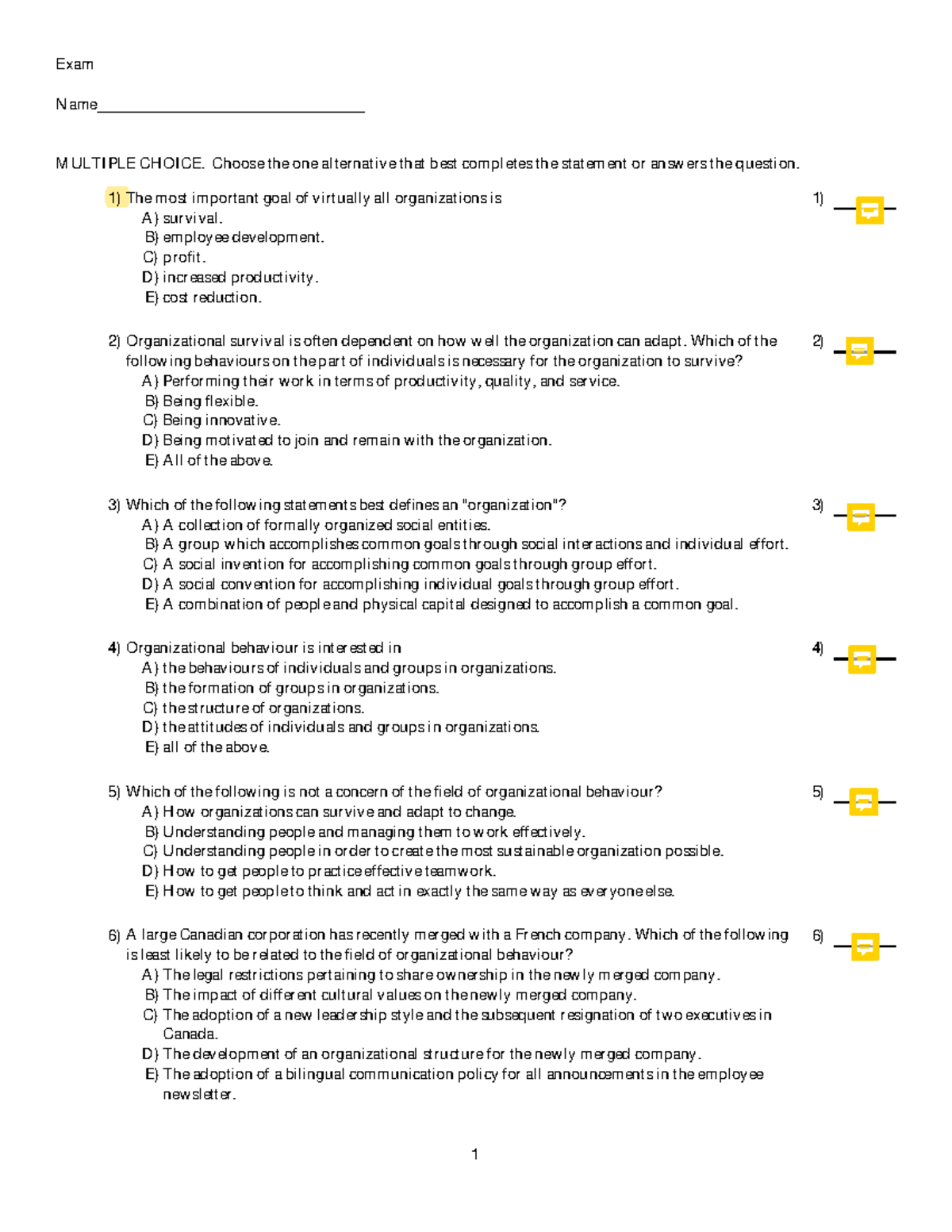 Exam multiple choice questions on organizational behaviour concepts ...