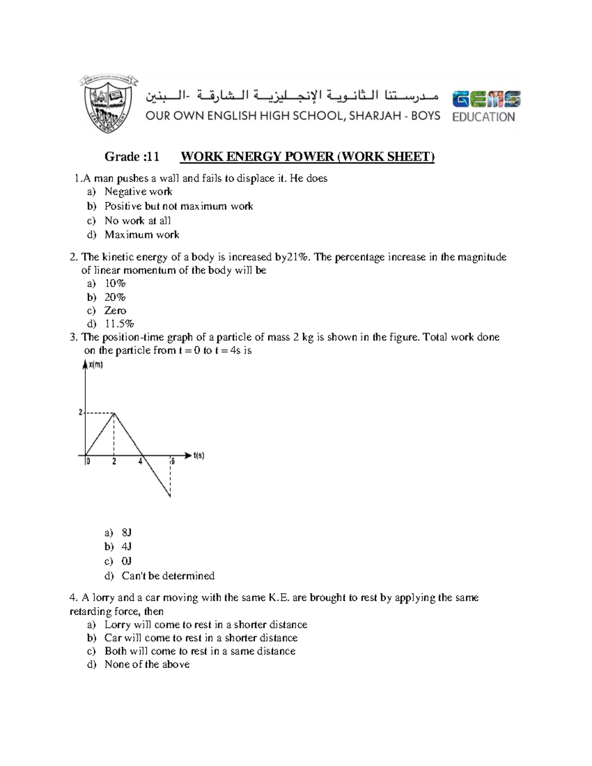 C82311 Grade 11 Physics Work and Energy Worksheet - Studocu