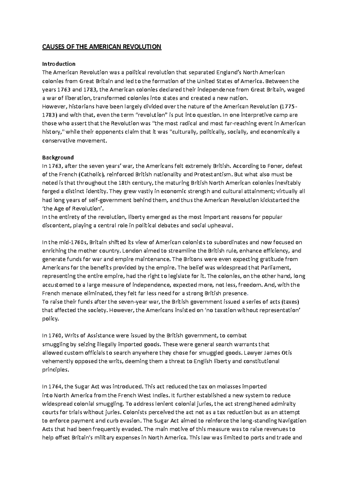 Causes of American rev - CAUSES OF THE AMERICAN REVOLUTION Introduction ...
