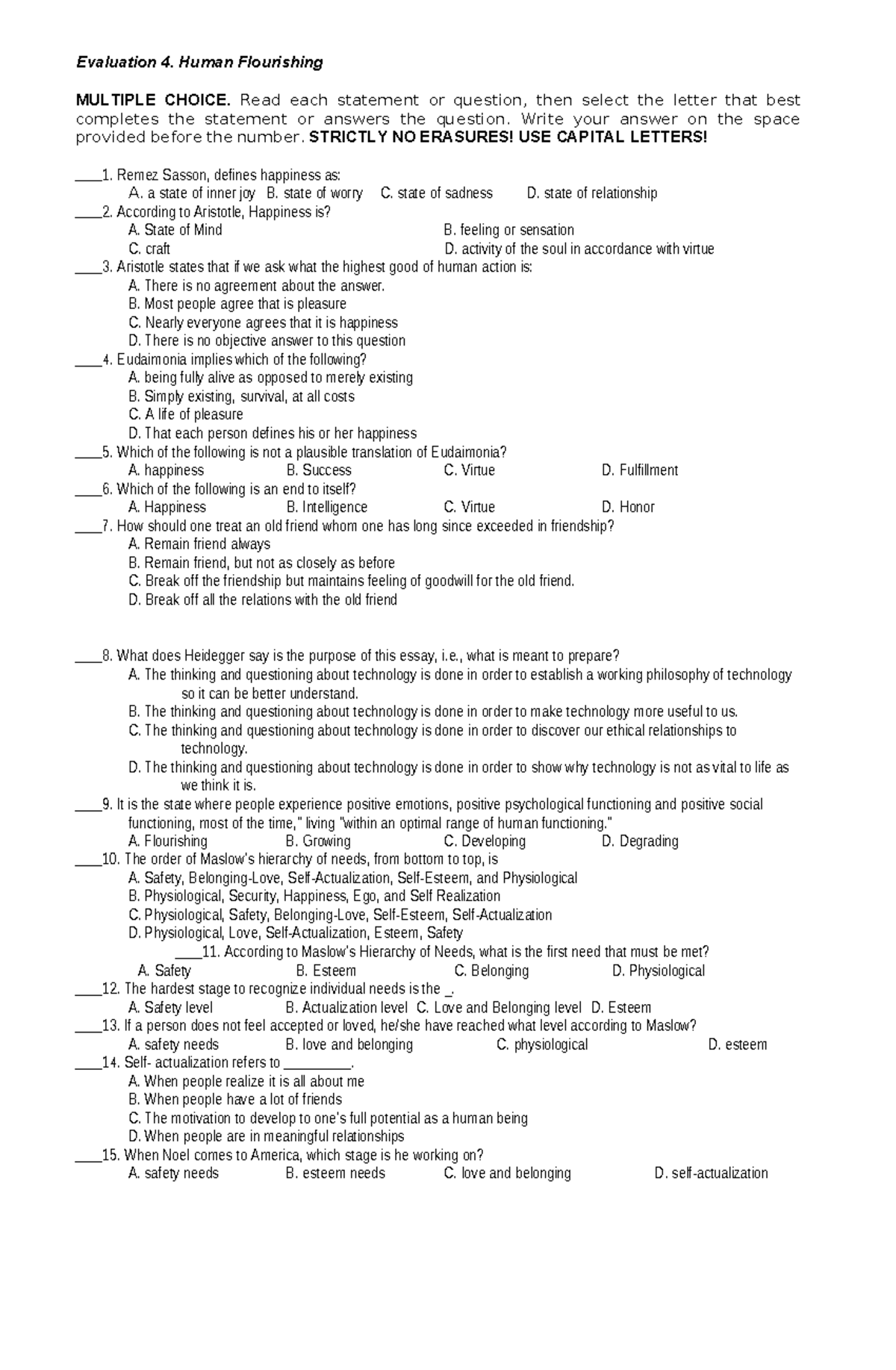 Evaluation No. 4: Human Flourishing - Multiple Choice Questions - Studocu
