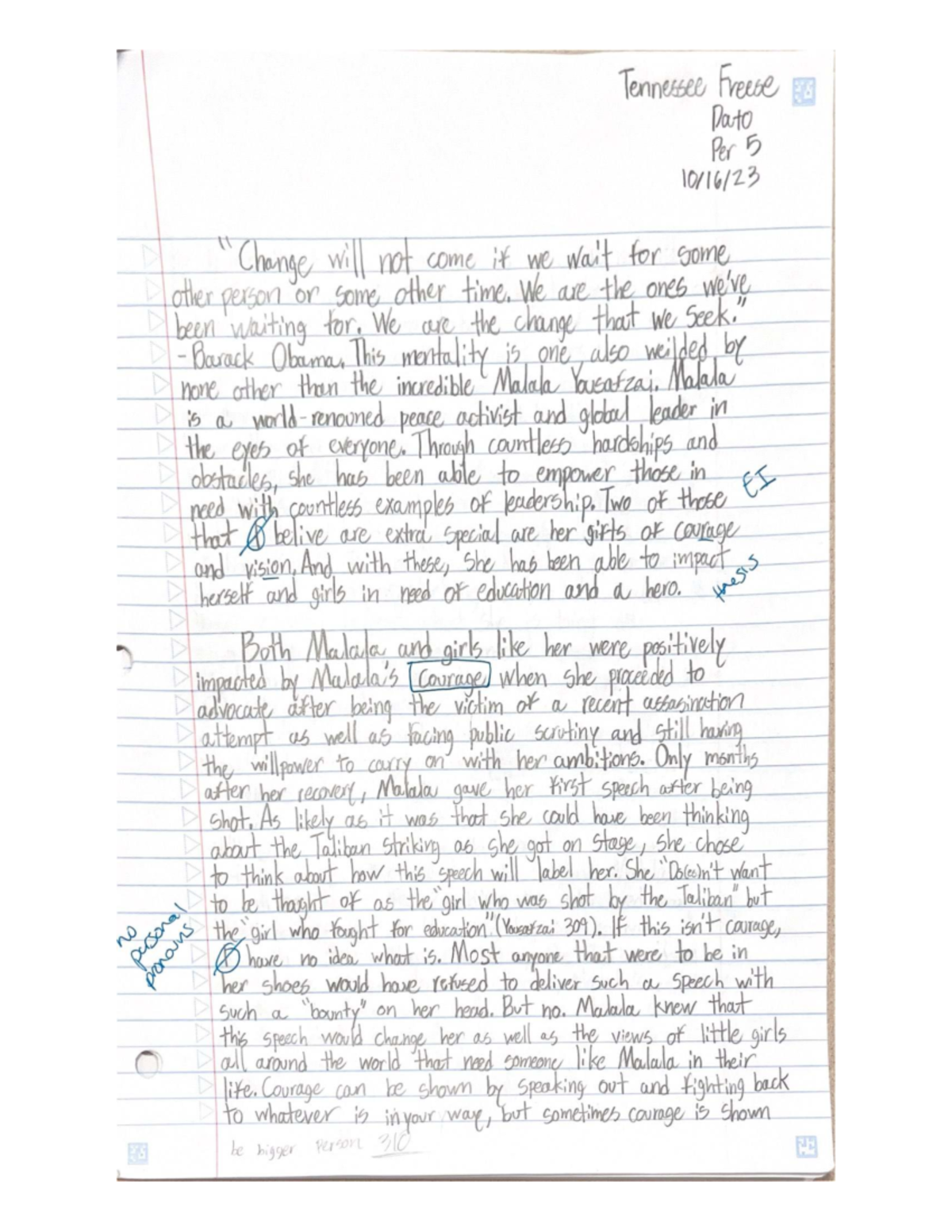 ELA1H Q1 Essay: The Courage and Vision of Malala Yousafzai - Studocu