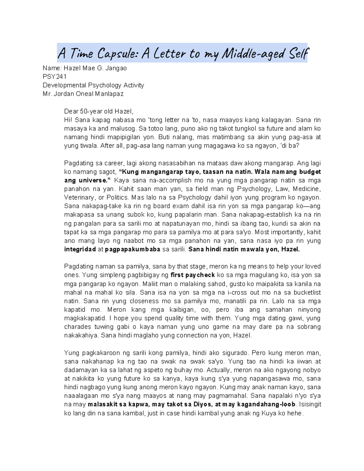 PSY Developmental Psychology: A Letter to My Future Middle-aged Self ...