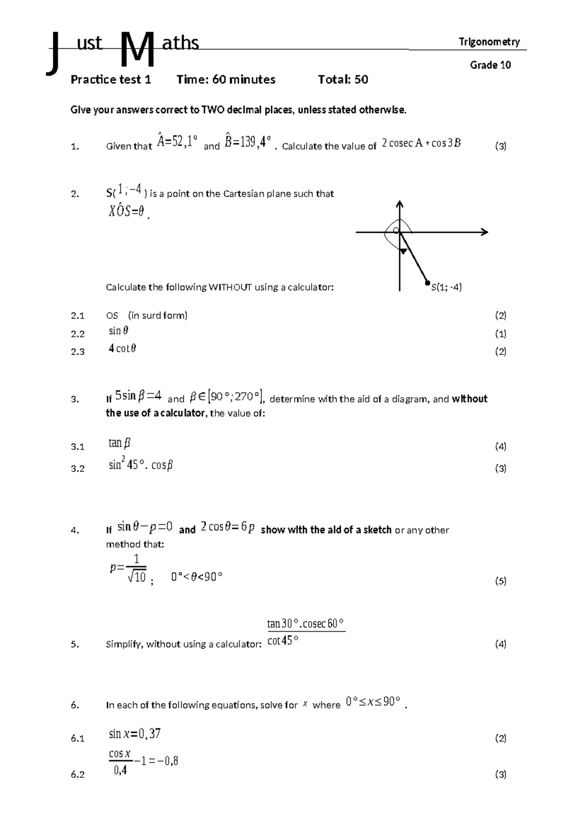 Grade 10 Trigonometry Practice Test Questions and Solutions - Studocu