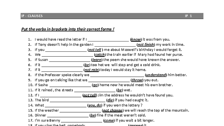 IF CLAUSES: Conditionals Practice Exercises (ENG 101) - Studocu