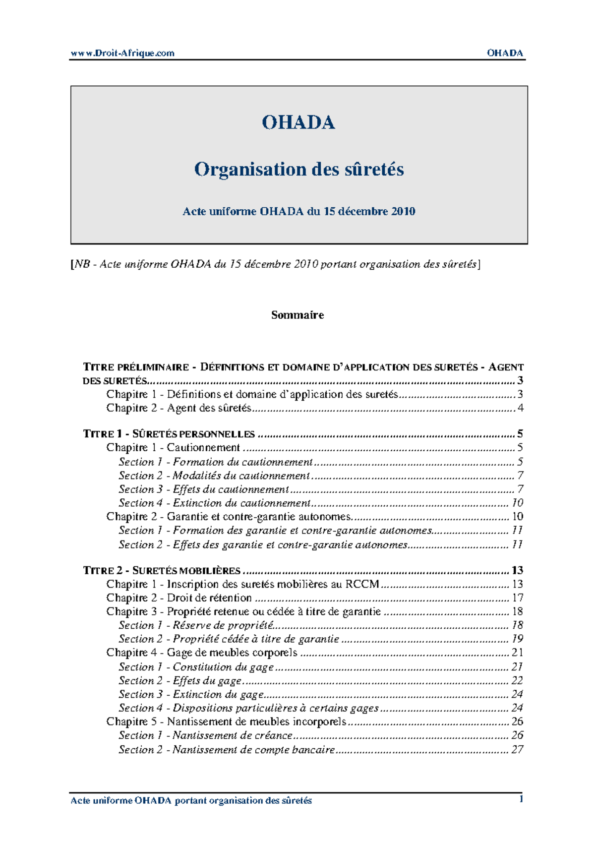 OHADA 2010: Acte Uniforme sur l'Organisation des Sûretés - Studocu