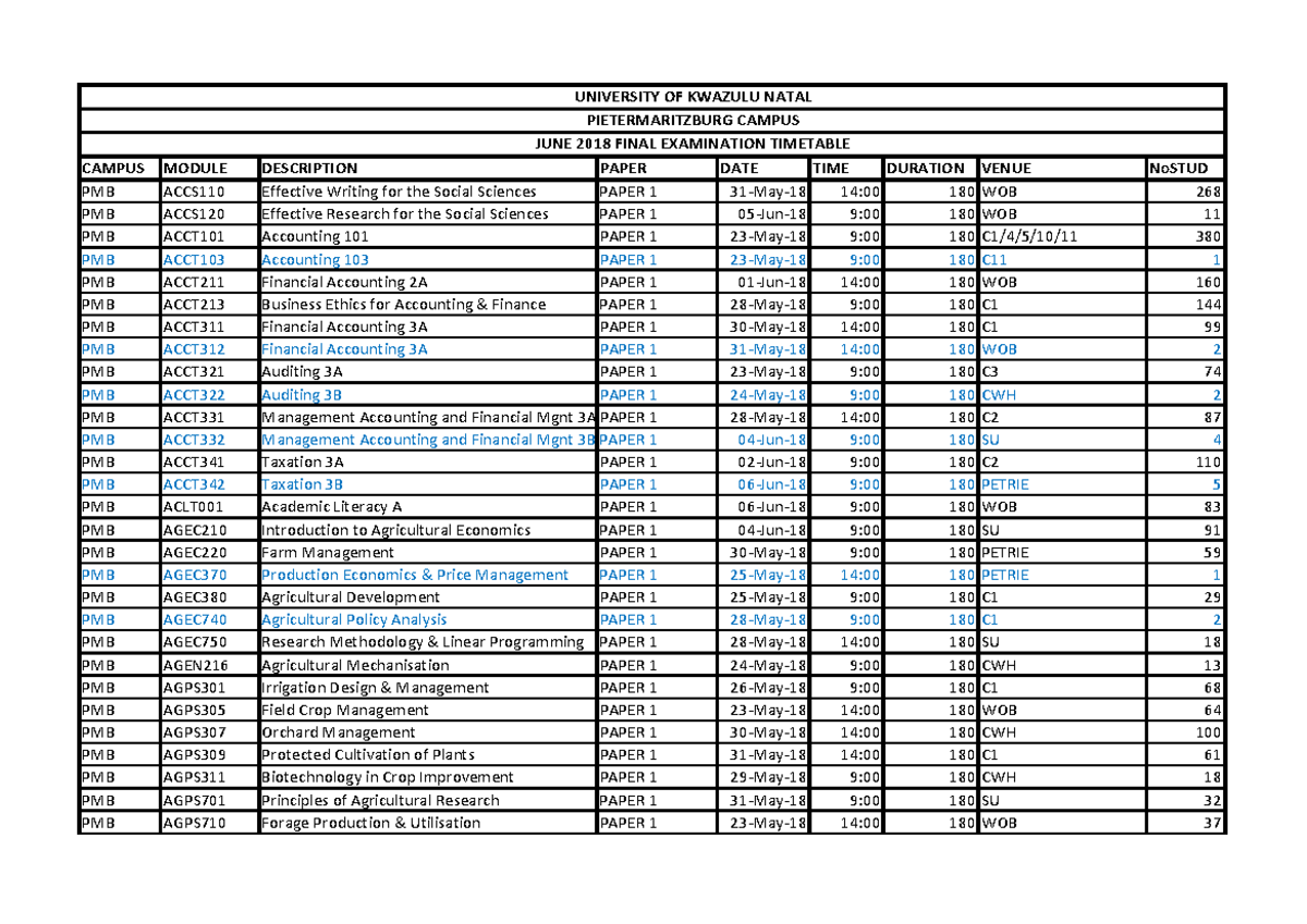PMB JUNE 2018 FINAL EXAMINATION TIMETABLE - UNIVERSITY OF KWAZULU-NATAL ...