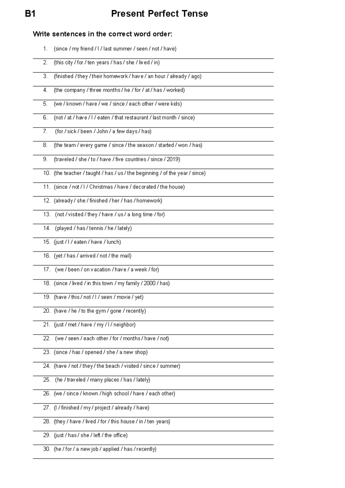 B1 Present Perfect Tense: Sentence Structure Exercises - Studocu