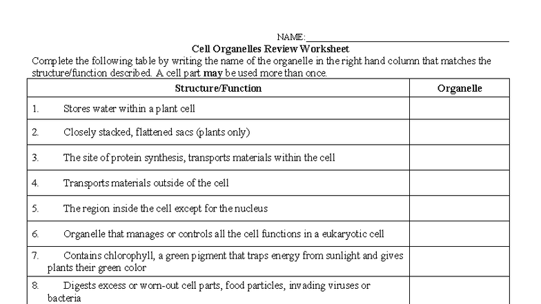 Cell Organelle Review Worksheet for Biology 101 - Studocu