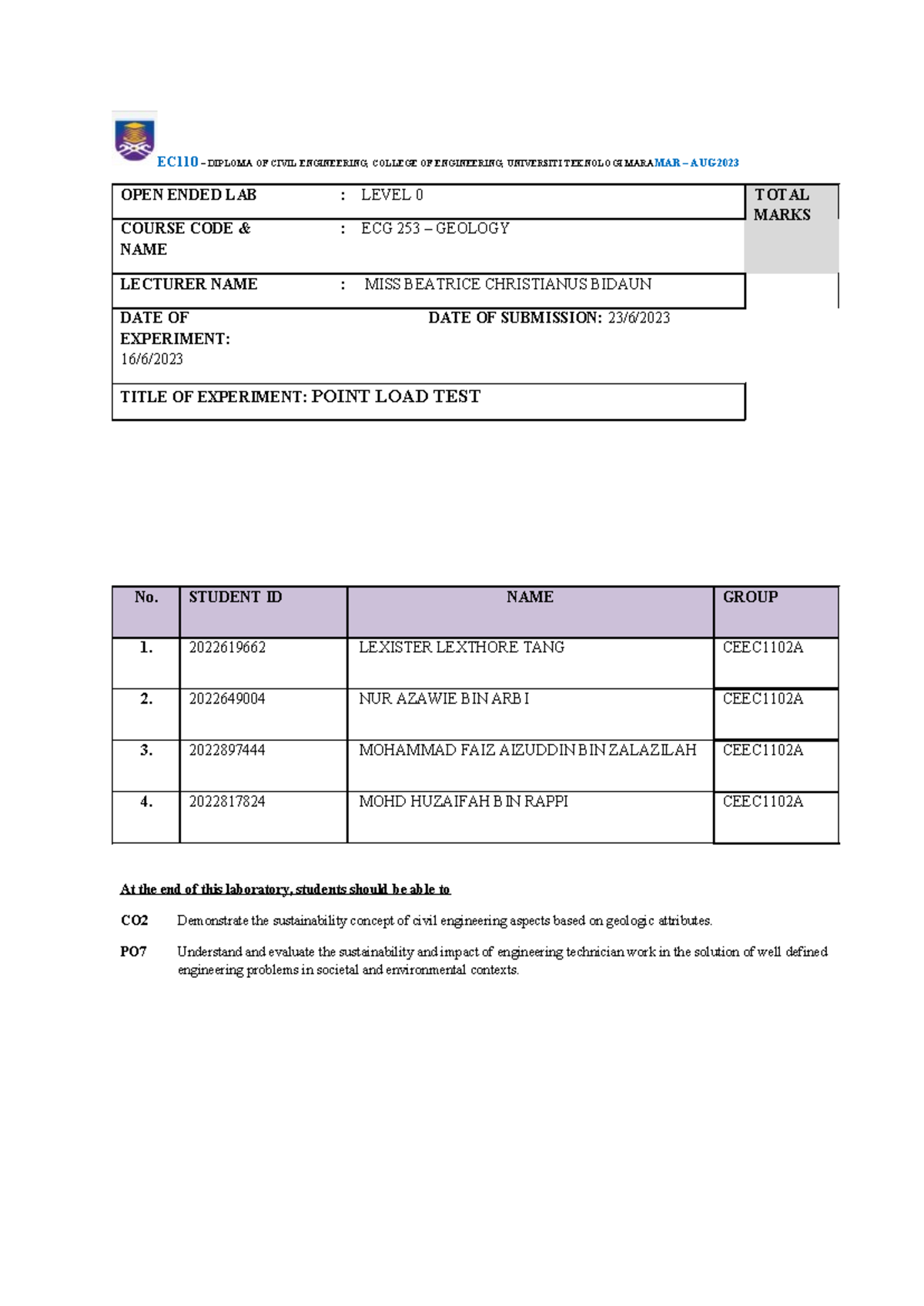 CEEC1102A Point Load Test Report - Aug 2023 Lab Experiment - Studocu