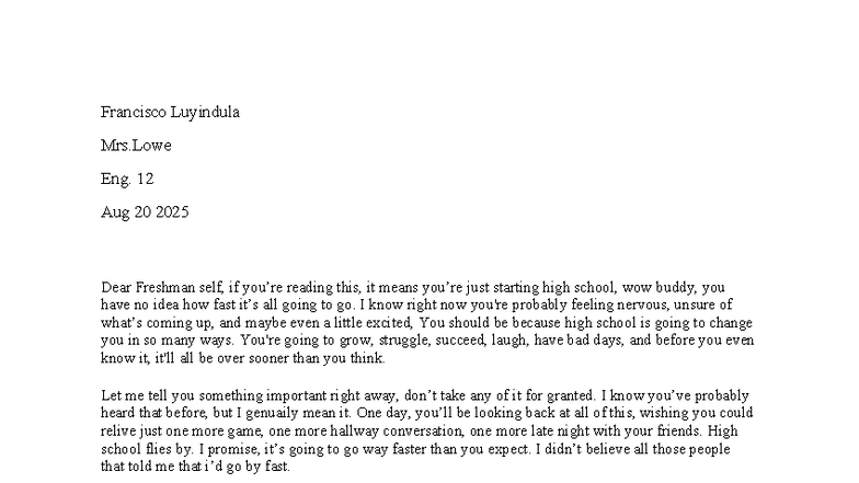 Dear Freshman Self: Reflections on High School Journey - Eng. 12 - Studocu
