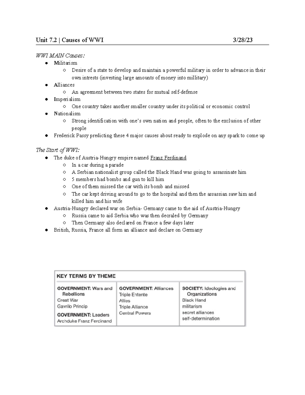 Unit 7.2 Notes: Key Causes and Events Leading to WWI - Studocu