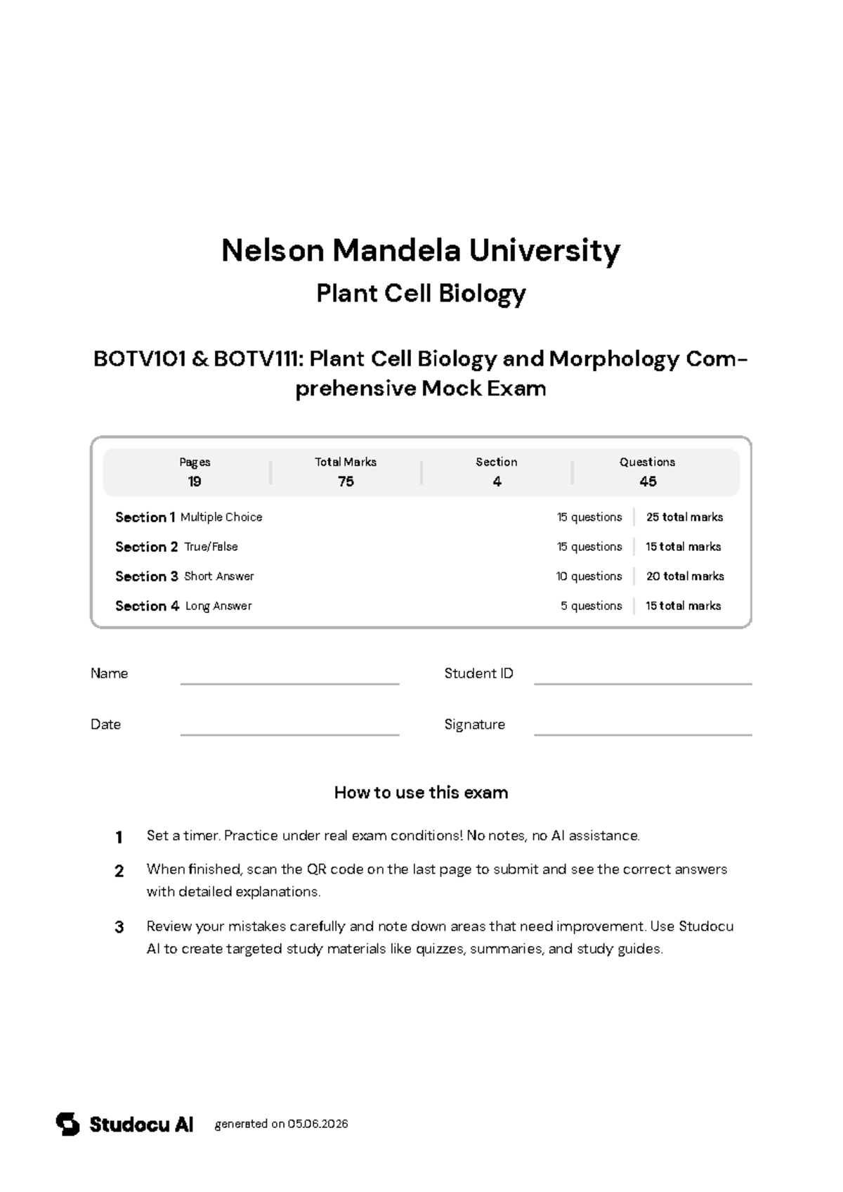 BOTV101 & BOTV111: Plant Cell Biology Mock Exam - Studocu