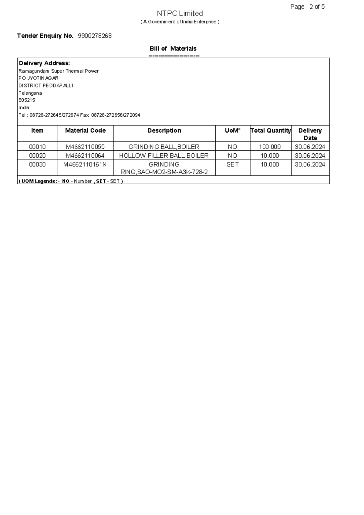 NTPC Limited Tender Enquiry No. 9900278268: Bill of Materials & Quality ...