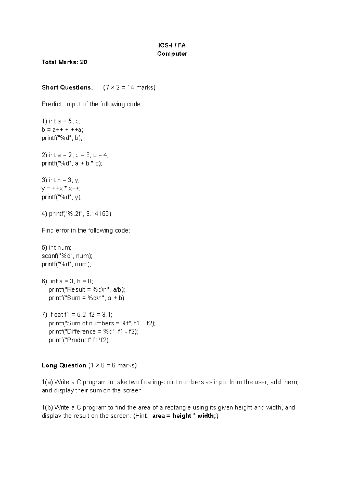 ICS FA Comp - Short Questions & Long Questions (Total Marks: 20) - Studocu