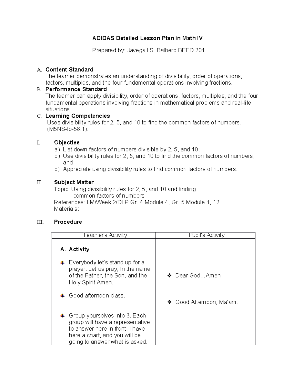 Adidas Detailed Lesson Plan for Math IV (BEED 201) on Divisibility ...
