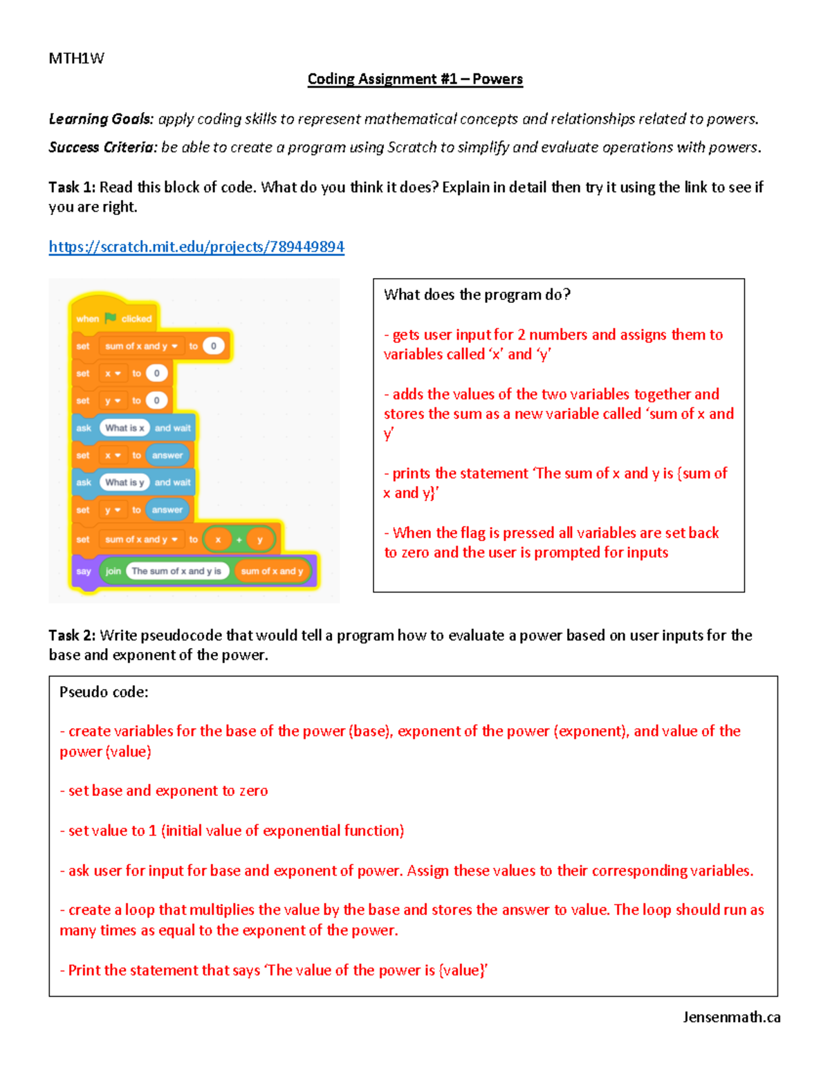 MTH1W Coding Assignment 1: Understanding Powers in Scratch Programming ...